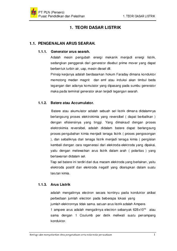 Pdf Pt Pln Persero Pusat Pendidikan Dan Pelatihan 1 Teori Dasar