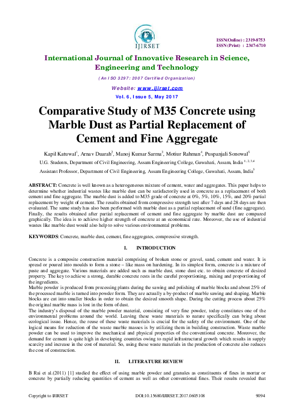(PDF) Comparative Study of M35 Concrete using Marble Dust as a partial replacement of Cement and ...