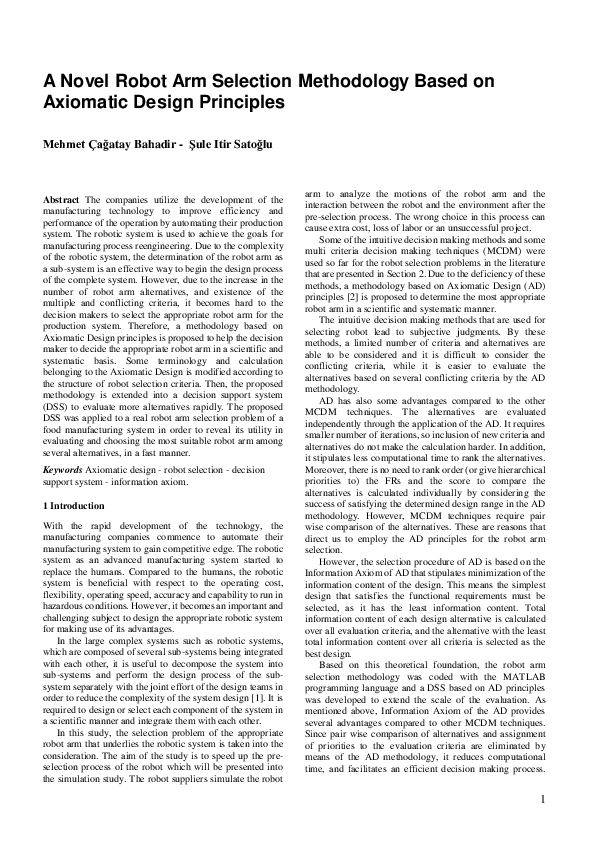 (PDF) A Novel Robot Arm Selection Methodology Based on Axiomatic Design Principles | S. Satoglu ...