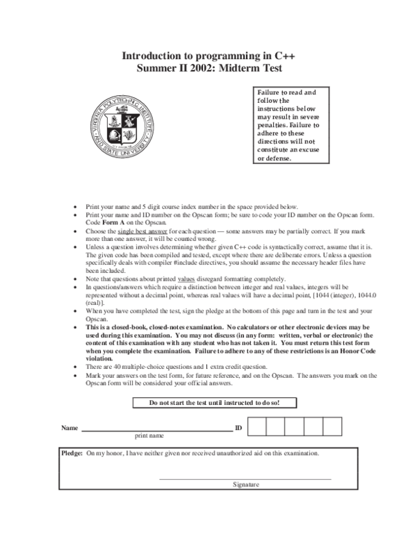 (PDF) Introduction to programming in C++ Summer II 2002: Midterm Test ...