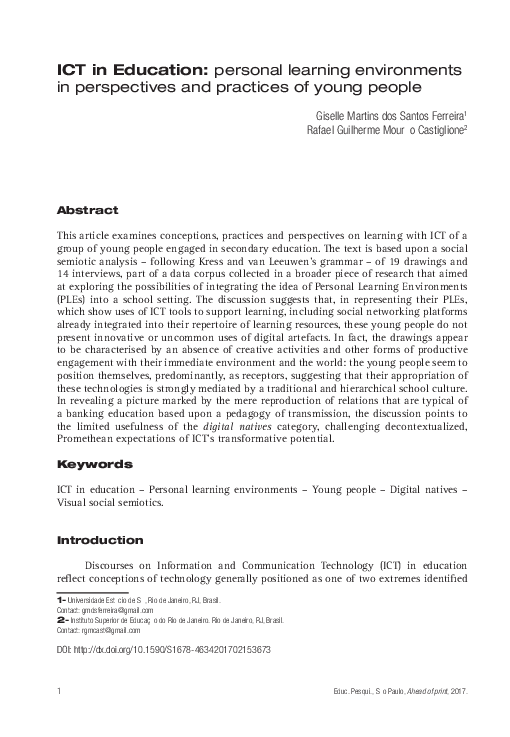 (PDF) ICT in Education: personal learning environments in perspectives and practices of young ...