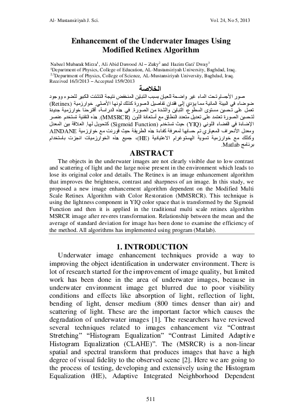 Pdf Enhancement Of The Underwater Images Using Modified Retinex Algorithm