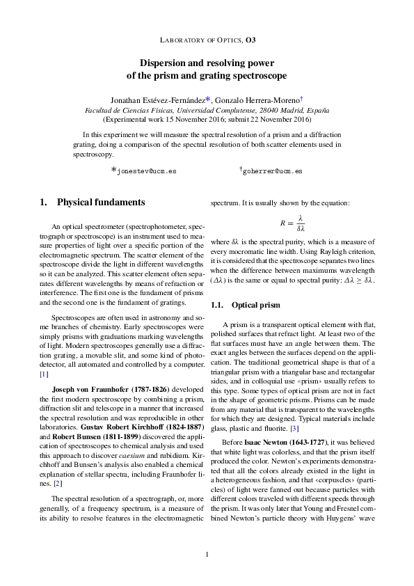 (PDF) Dispersion and resolving power of the prism and grating spectroscope