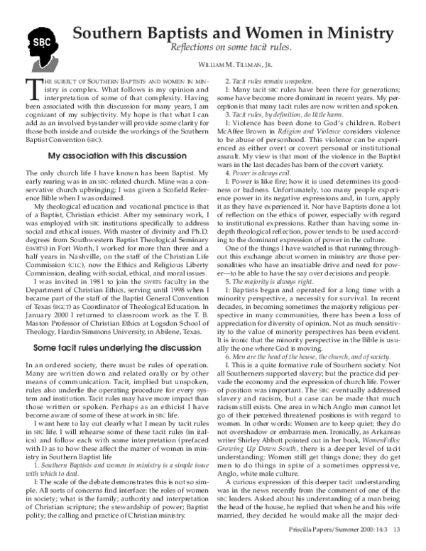 (PDF) Southern Baptists and Women in Ministry: Reflections on some ...
