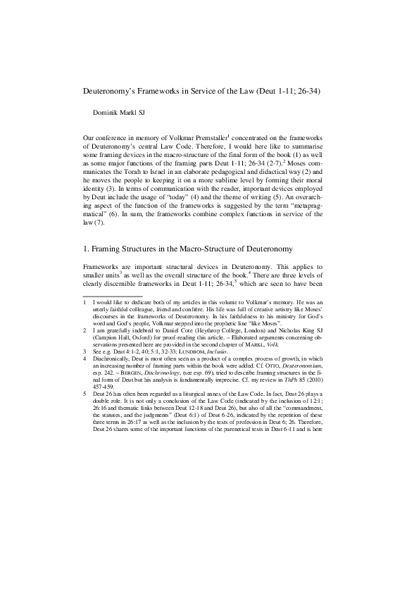 (PDF) Markl, Dominik, "Deuteronomy’s Frameworks in Service of the Law ...