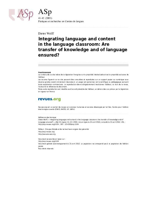 Pdf Integrating Language And Content In The Language Classroom