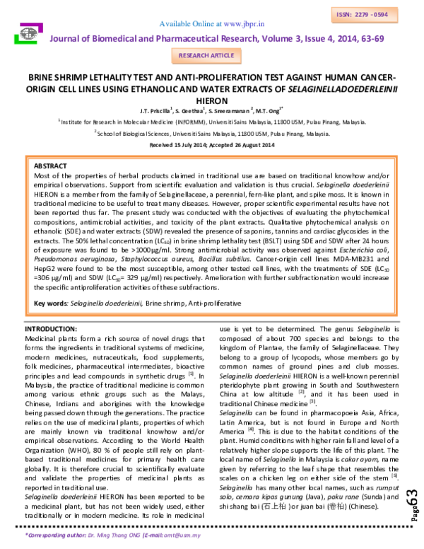 (PDF) BRINE SHRIMP LETHALITY TEST AND ANTI-PROLIFERATION TEST AGAINST ...