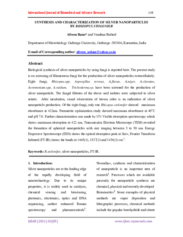 (PDF) Synthesis of monodispersed silver nanoparticles by Rhizopus Stolonifer and its ...