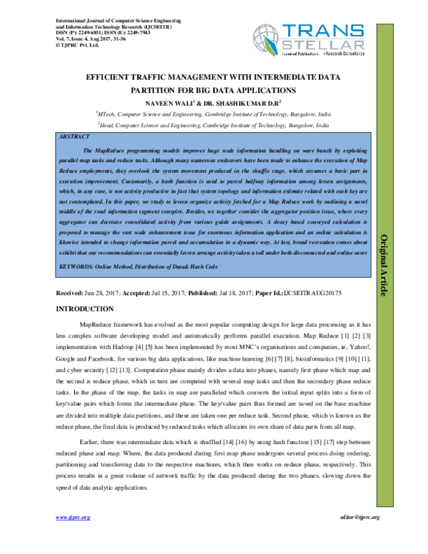 Pdf Efficient Traffic Management With Intermediate Data Partition For Big Data Applications