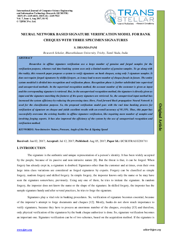 (PDF) NEURAL NETWORK BASED SIGNATURE VERIFICATION MODEL FOR BANK CHEQUES WITH THREE SPECIMEN ...