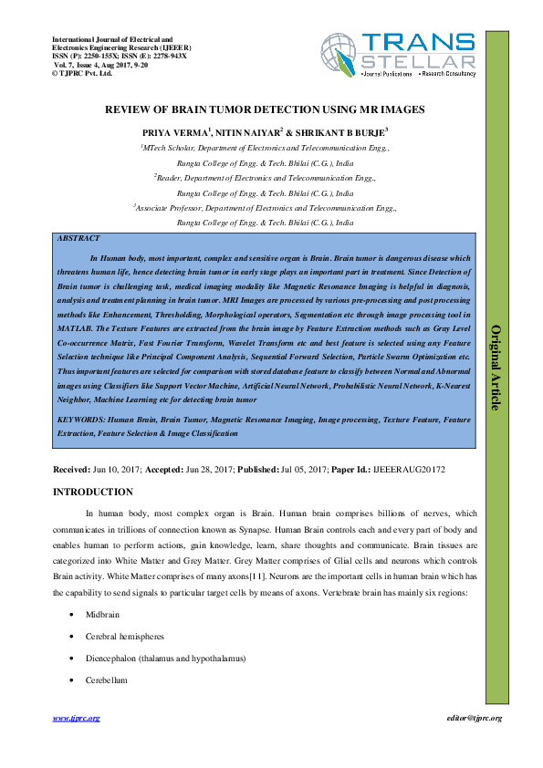 Pdf Review Of Brain Tumor Detection Using Mr Images