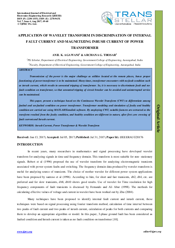 Pdf Application Of Wavelet Transform In Discrimination Of Internal Fault Current And