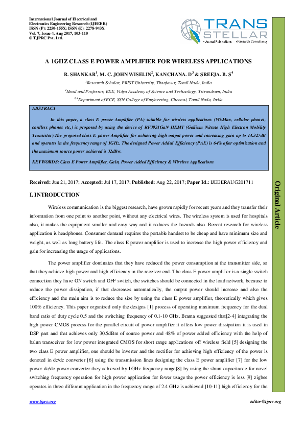 (PDF) A 1GHZ CLASS E POWER AMPLIFIER FOR WIRELESS APPLICATIONS