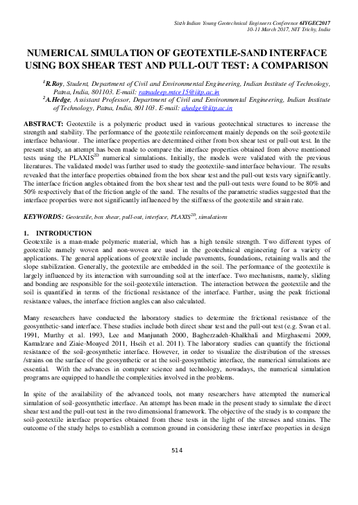 (PDF) NUMERICAL SIMULATION OF GEOTEXTILE-SAND INTERFACE USING BOX SHEAR ...
