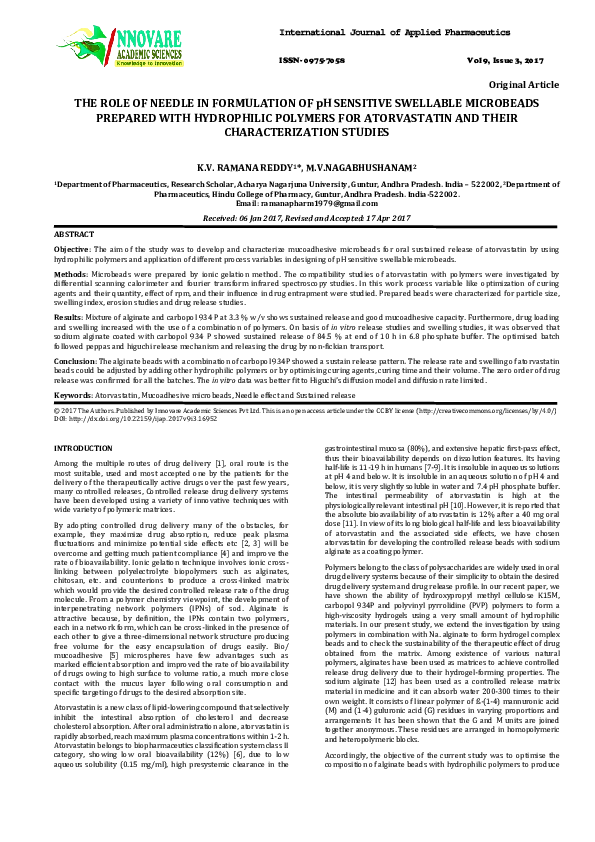 (PDF) THE ROLE OF NEEDLE IN FORMULATION OF pH SENSITIVE SWELLABLE ...