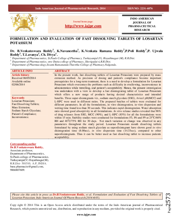Pdf Formulation And Evaluation Of Fast Dissolving Tablets Of Losartan Potassium