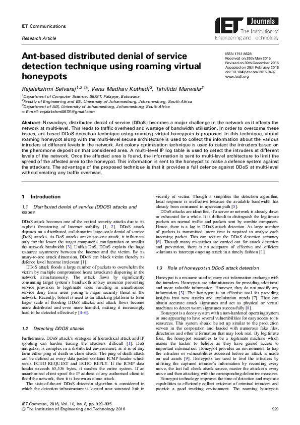 Pdf Ant Based Distributed Denial Of Service Detection Technique Using