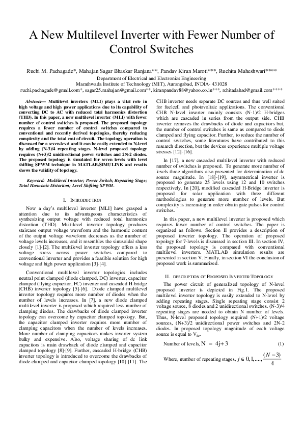 (PDF) A New Multilevel Inverter with Fewer Number of Control Switches