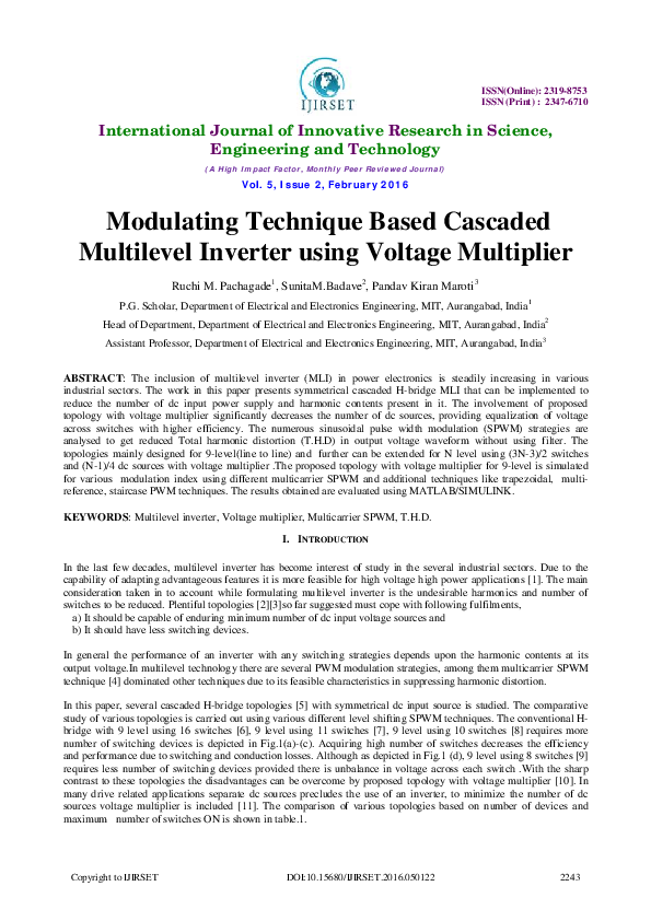 Pdf Modulating Technique Based Cascaded Multilevel Inverter Using Voltage Multiplier