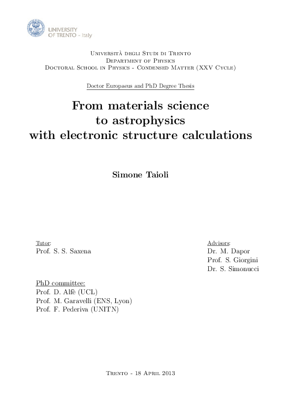 (PDF) From materials science to astrophysics with electronic structure calculations