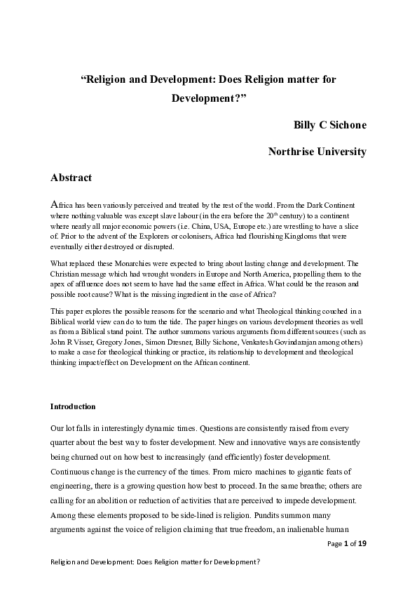 (DOC) " Religion and Development: Does Religion matter for Development?