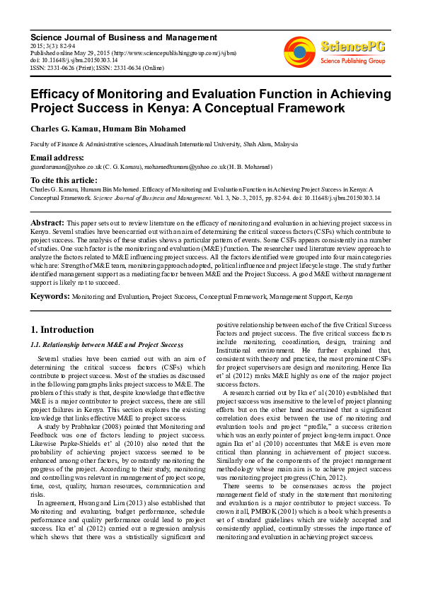 Pdf Efficacy Of Monitoring And Evaluation Function In Achieving Project Success In Kenya A