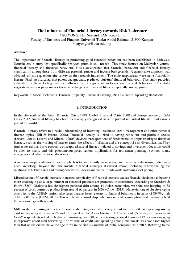 (PDF) The Influence of Financial Literacy towards Risk Tolerance