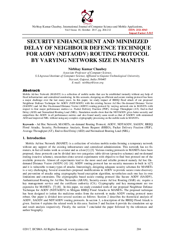 (PDF) SECURITY ENHANCEMENT AND MINIMIZED DELAY OF NEIGHBOUR DEFENCE TECHNIQUE FOR AODV (NDTAODV ...