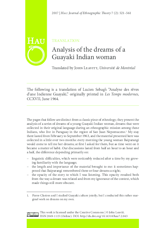 (PDF) Lucien Sebag, Analysis of the Dreams of a Guayaki Indian Woman ...