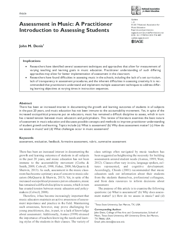 (PDF) Assessment in Music: A Practitioner Introduction to Assessing ...