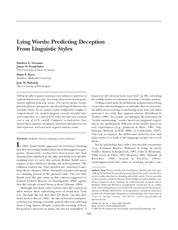 (PDF) ARTICLE Lying Words: Predicting Deception From Linguistic Styles