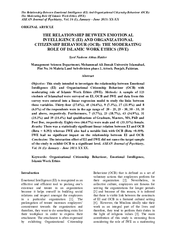 (PDF) THE RELATIONSHIP BETWEEN EMOTIONAL INTELLIGENCE (EI) AND ORGANIZATIONAL CITIZENSHP ...