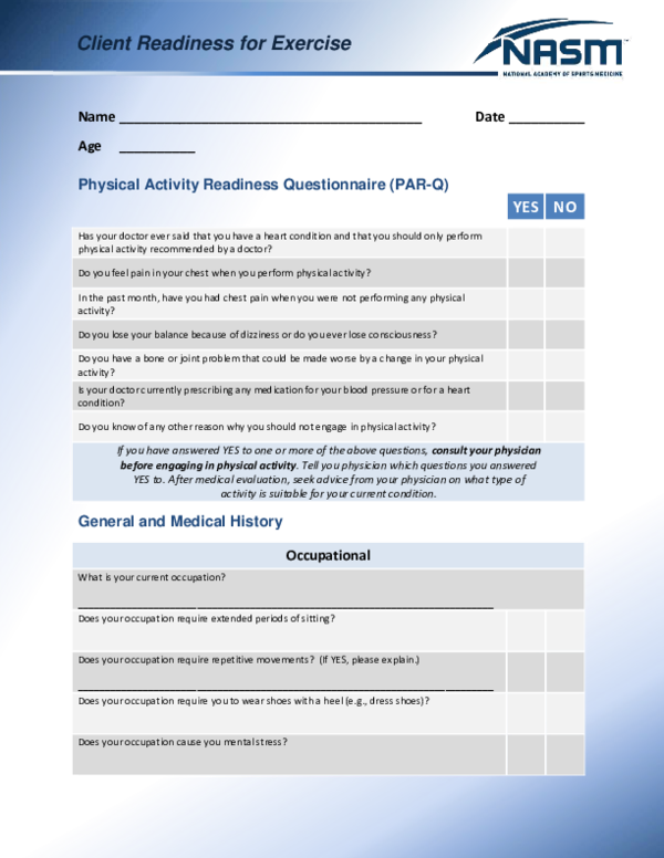 (PDF) Client Readiness for Exercise Physical Activity Readiness ...