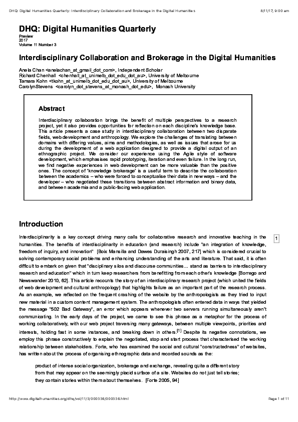 (PDF) Interdisciplinary Collaboration and Brokerage in the Digital Humanities