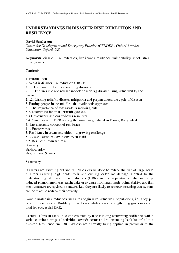 (PDF) Understandings in disaster risk reduction and resilience, in ...