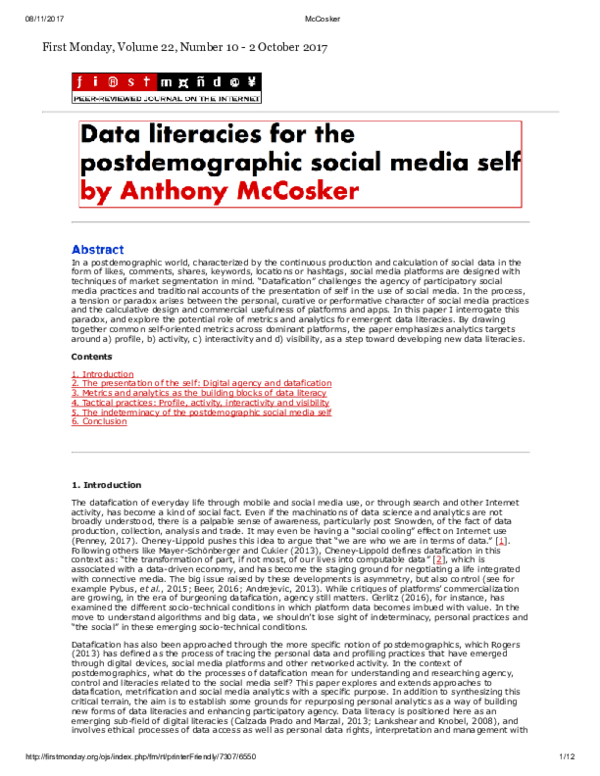 (PDF) Data Literacies for the Postdemographic Social Media Self (First Monday 2017) | Anthony ...