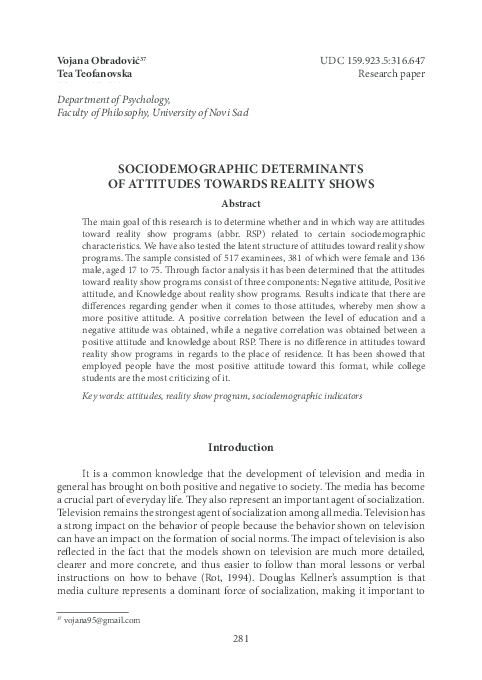 (PDF) SOCIODEMOGRAPHIC DETERMINANTS OF ATTITUDES TOWARDS REALITY SHOWS
