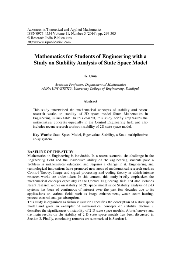 (PDF) Mathematics for Students of Engineering with a Study on Stability ...