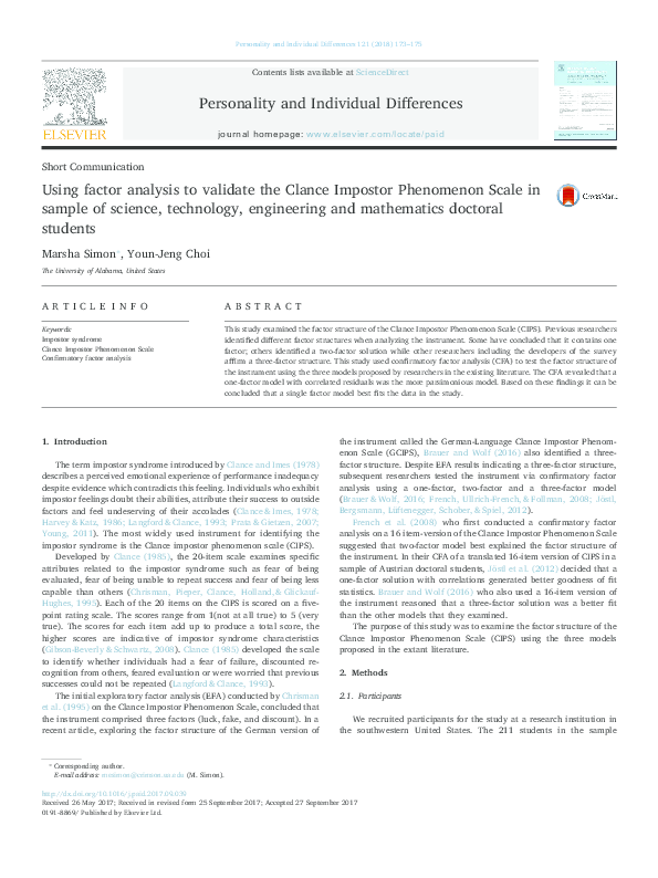 (PDF) Using factor analysis to validate the Clance Impostor Phenomenon ...
