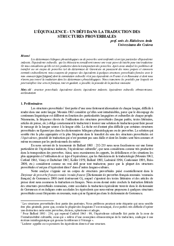 (DOC) L'ÉQUIVALENCE -UN DÉFI DANS LA TRADUCTION DES STRUCTURES PROVERBIALES
