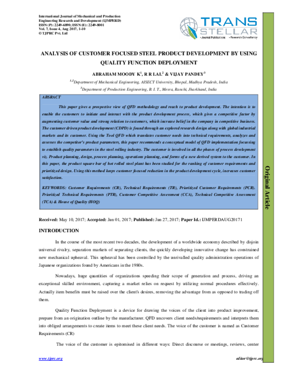 (PDF) ANALYSIS OF CUSTOMER FOCUSED STEEL PRODUCT DEVELOPMENT BY USING QUALITY FUNCTION DEPLOYMENT