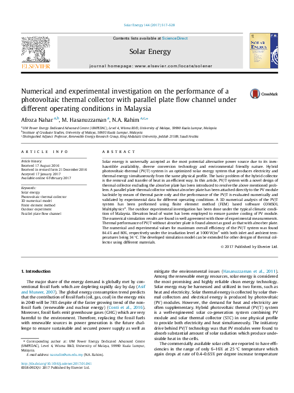 (PDF) Numerical and experimental investigation on the performance of a photovoltaic thermal ...