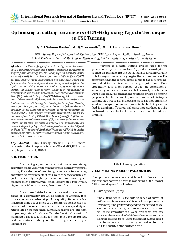 Pdf Optimizing Of Cutting Parameters Of En 46 By Using Taguchi Technique In Cnc Turning