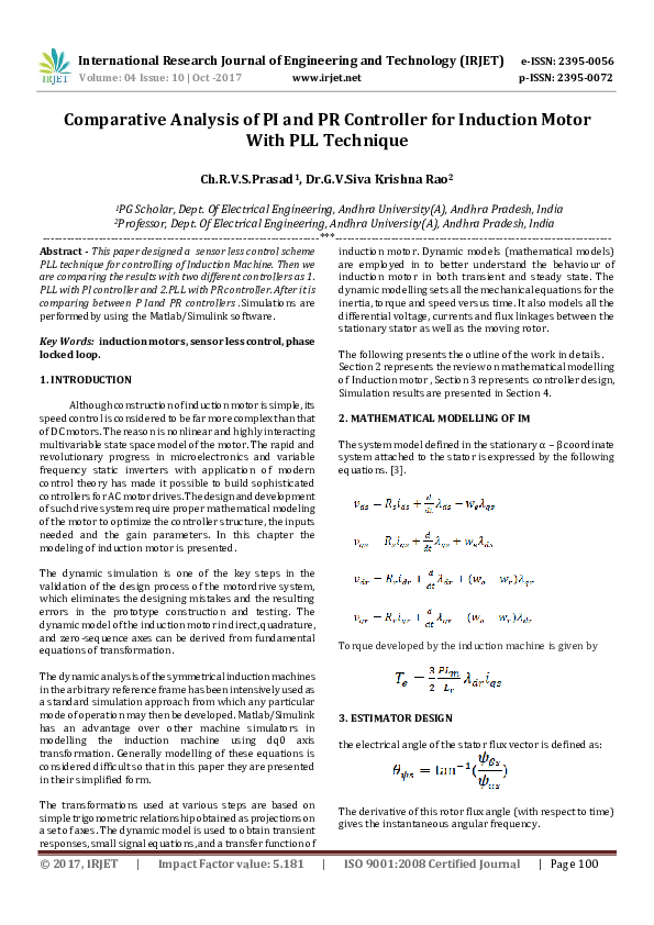 (PDF) Comparative Analysis of PI and PR Controller for Induction Motor With PLL Technique