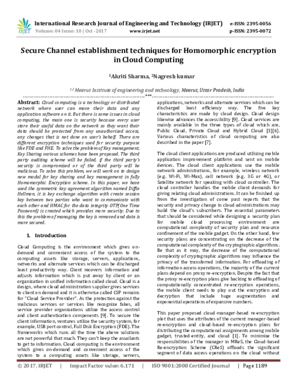 (PDF) Secure Channel establishment techniques for Homomorphic encryption in Cloud Computing