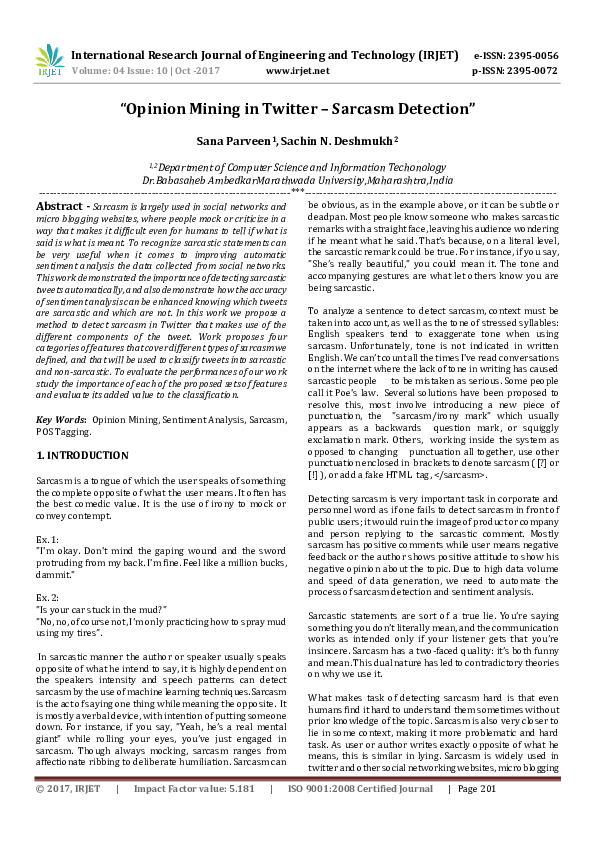 (PDF) " Opinion Mining in Twitter – Sarcasm Detection