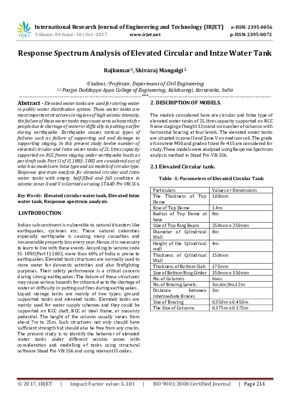 (PDF) Response Spectrum Analysis of Elevated Circular and Intze Water Tank