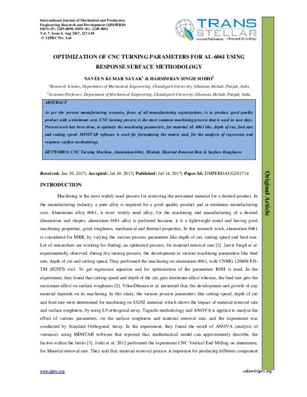 Pdf Optimization Of Cnc Turning Parameters For Al 6061 Using Response Surface Methodology 