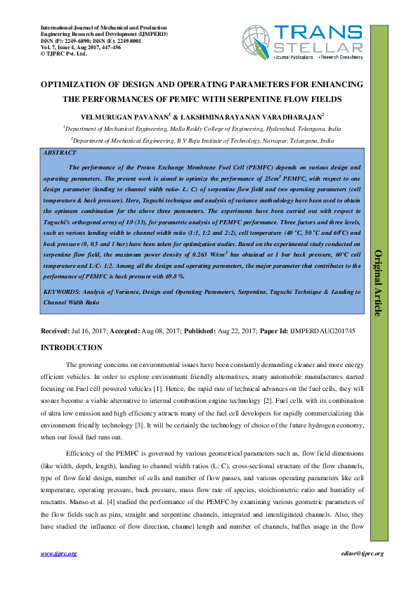 Pdf Optimization Of Design And Operating Parameters For Enhancing The Performances Of Pemfc