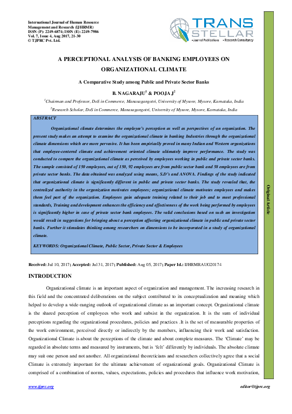 (PDF) A PERCEPTIONAL ANALYSIS OF BANKING EMPLOYEES ON ORGANIZATIONAL CLIMATE A Comparative Study ...
